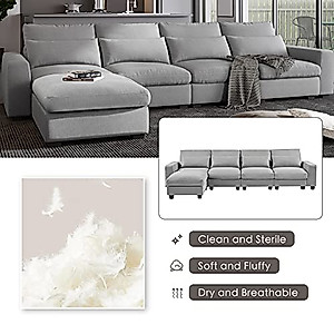 L-Shaped Corner Modular Down Feather Filled Sectional Sofa with 4 Waist Pillows and Movable Ottoman/Chaise, Deep Seat Upholstered Reversible Cushions Couch for Home Office Apartment Living Room Sets