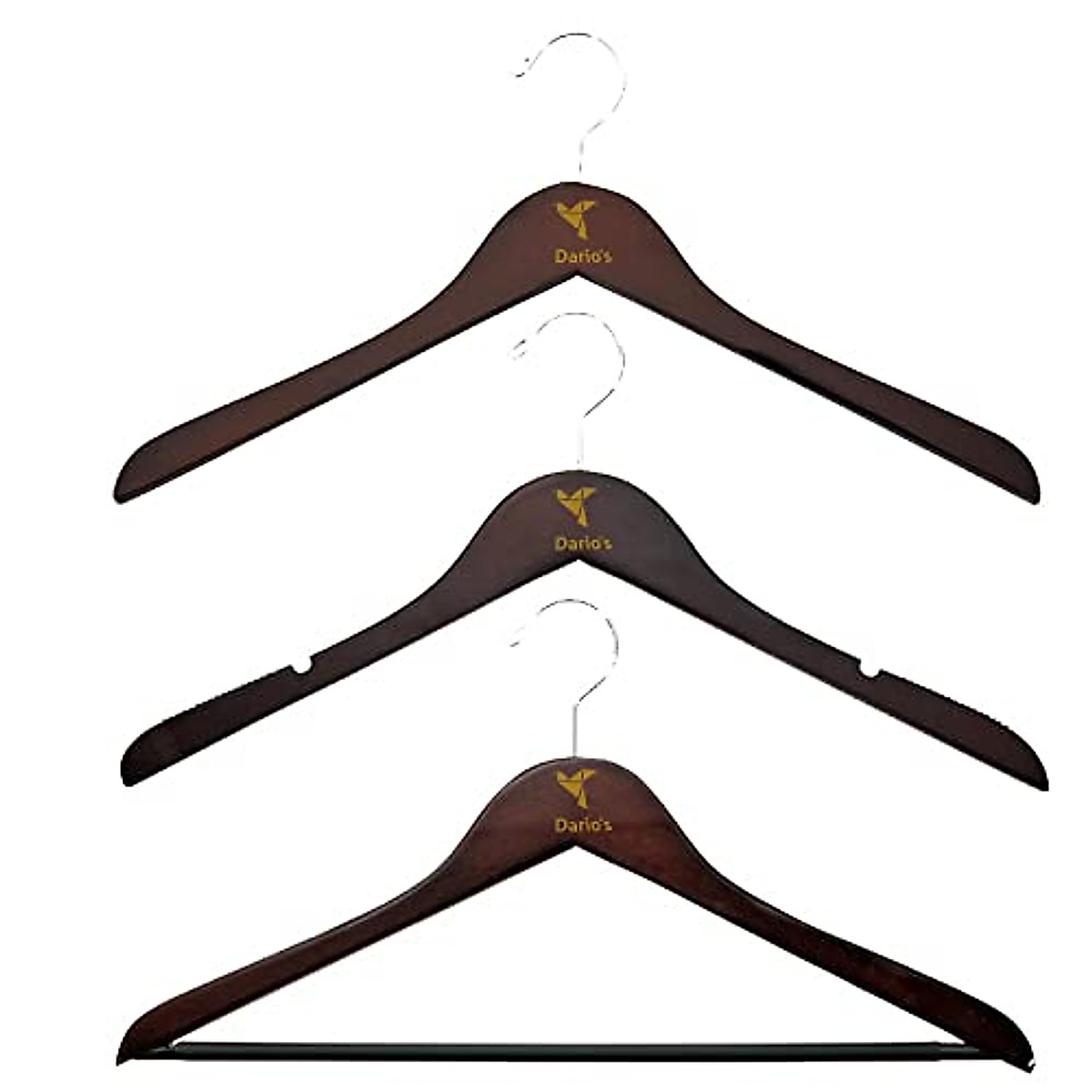 Wooden Hangers for Shirts,Jackets,Pants,Suits and Coats Hangers with Non Slip Bar ,Precisely Cut Notches-360-Degree Swivel Chrome Hook-Smooth Finish Clothes Hanger 5 Pack Heavy Duty Hangers by Darios
