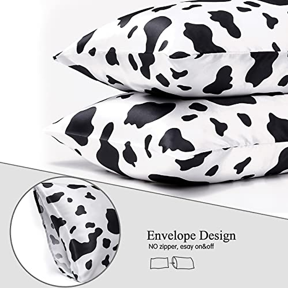Nttspring Satin Pillowcase for Hair and Skin,Pillowcases Standard Set of 2,Silky Cow Print Pillow Cases Set of 2 Soft&Cozy Silk Satin Pillow Cases for Women 2 Pack with Envelope Closure(20x26,Cow)