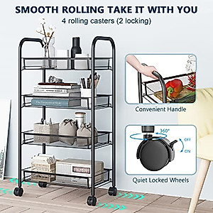 DEVO 4 Tier Metal Mesh Rolling Cart, Storage Organizer cart with 4 Side Hooks, Utility Carts with Lockable Wheels, for Home Kitchen Office Classroom (Black 1)