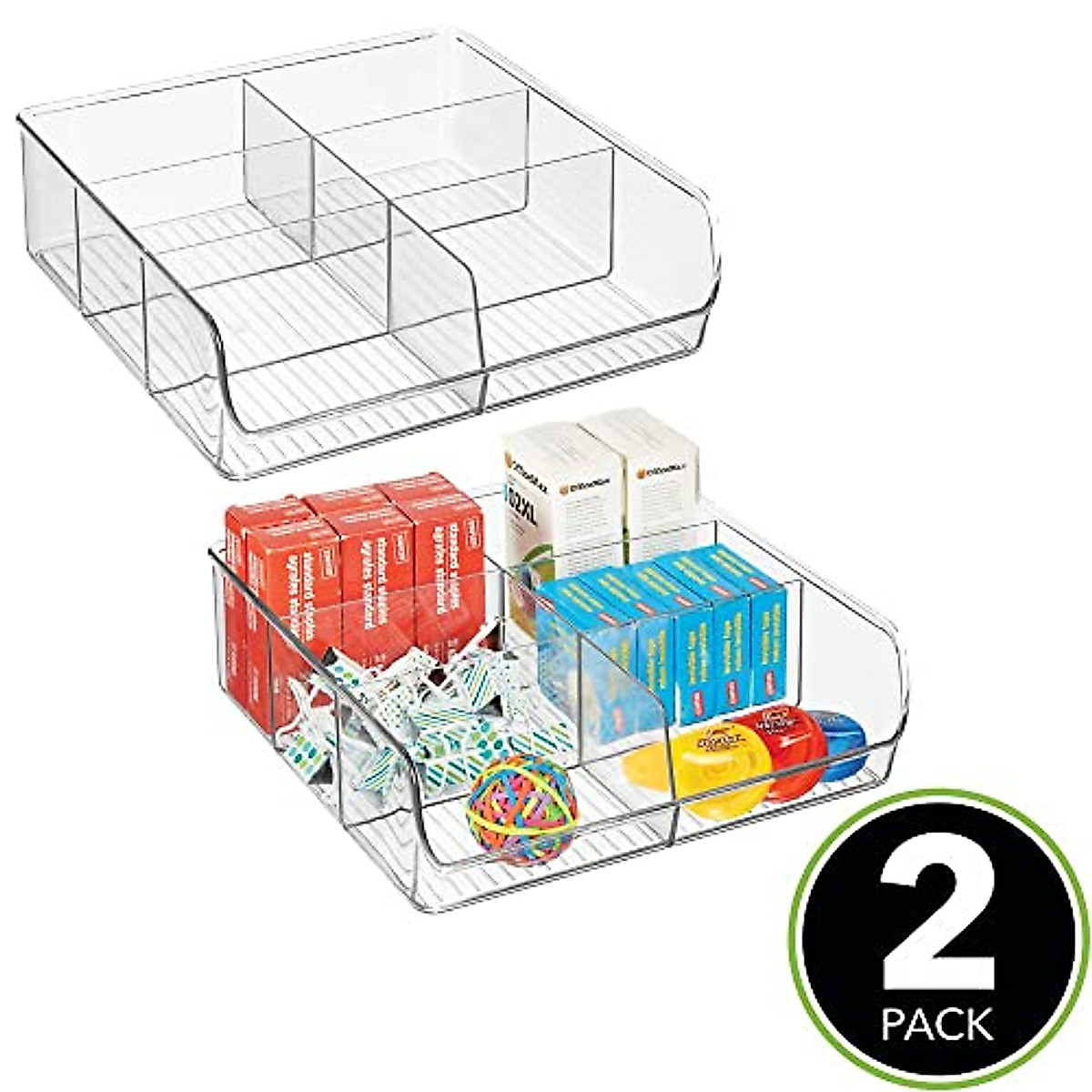 mDesign Plastic Home Office Wide Bin Organizer with 6 Compartments for Cabinets, Closets, Drawers, Desks, Tables, Workspace - Staple, Notepad, Paperclip Holder - Ligne Collection - 2 Pack - Clear