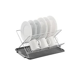 J&V TEXTILES Foldable Dish Drying Rack with Drainboard, Stainless Steel 2 Tier Dish Drainer Rack, Collapsible Dish Drainer, Folding Dish Rack for Kitchen Sink, Countertop, Cutlery, Plates (Gray)