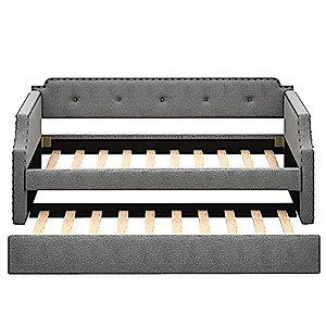 BIADNBZ Solid Wooden Twin Size Daybed with Trundle, Upholstered Sofa w/2 Arms, Wood Slat Support Platform Beds for Kids Teens, No Box Spring Needed, Gray