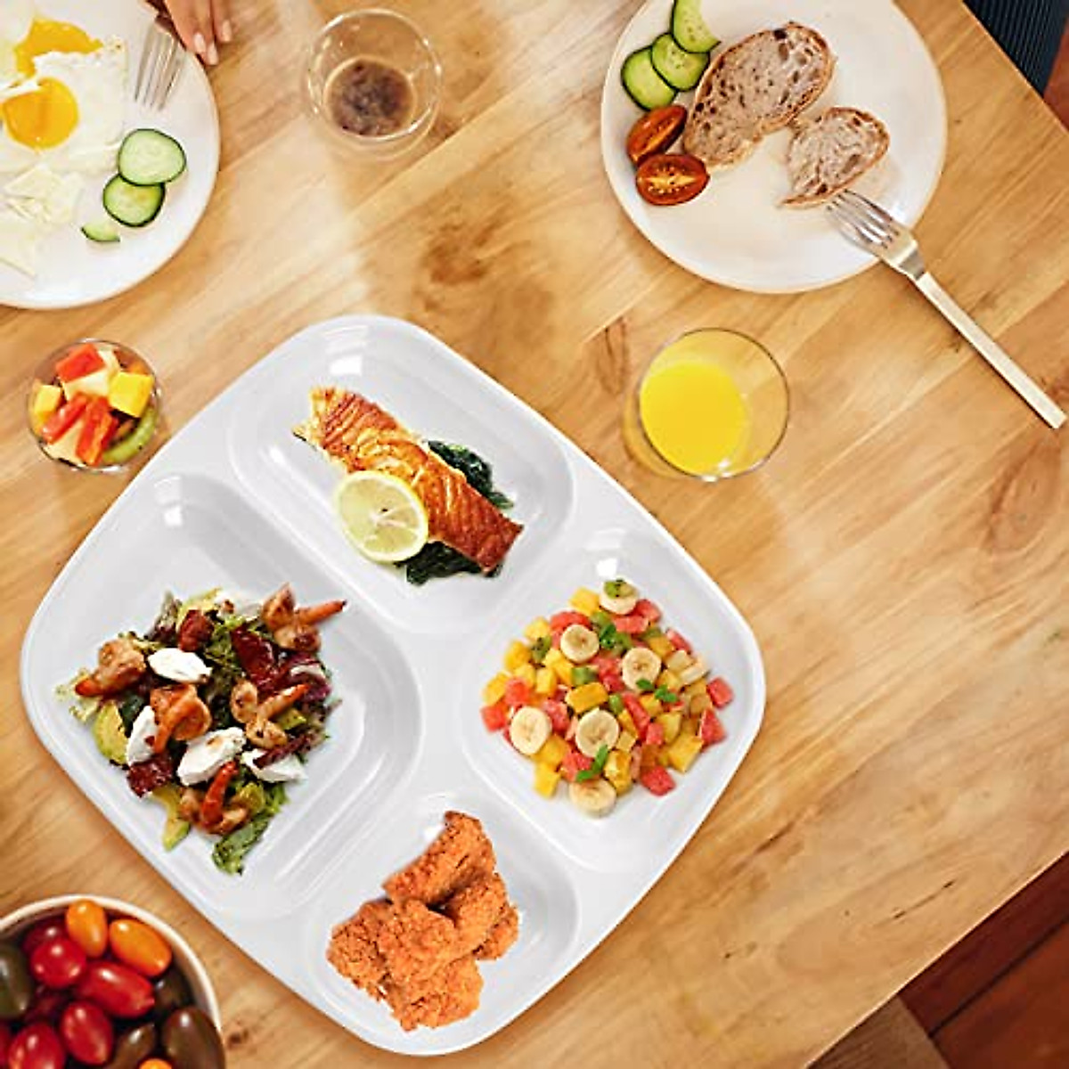 Dicunoy 8 PCS Divided Meal Tray, 10 Inch Melamine Dinner Plates for Adults, Sectional 4 Compartments Portion Control Plate Reusable Serving Platter for Salad, Noodles, Kids, Camping, Picnics