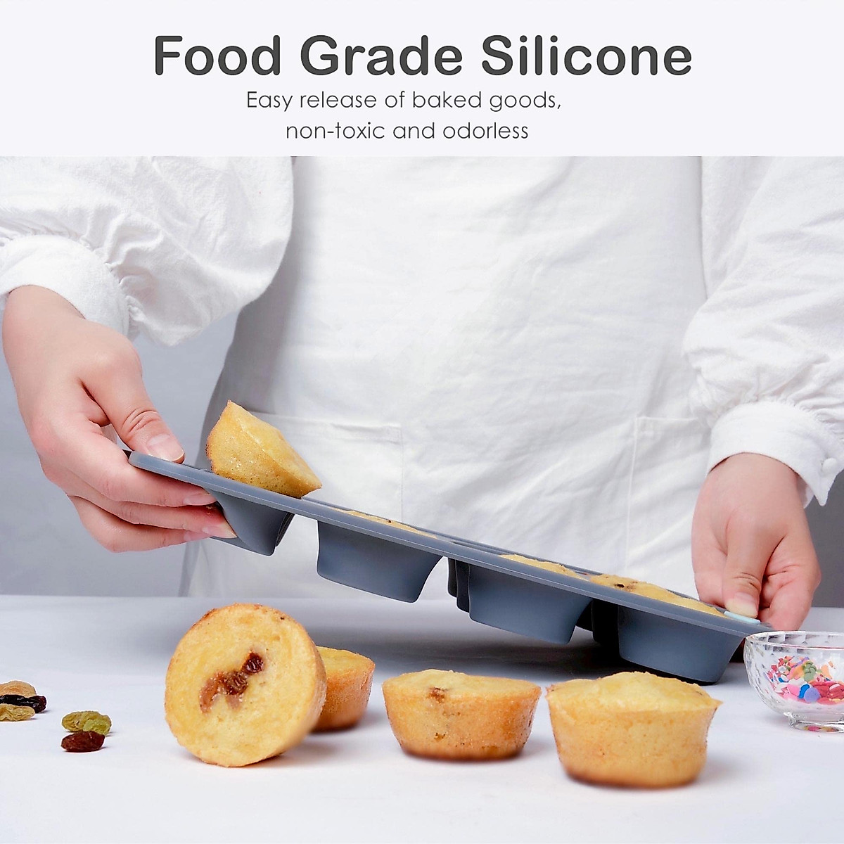 Chicrinum Silicone Muffin Pan, Non-Stick 12-Cup Food Grade Silicone Cupcake Pan, Silicone Baking Pan with Metal Reinforced Frame More Strength