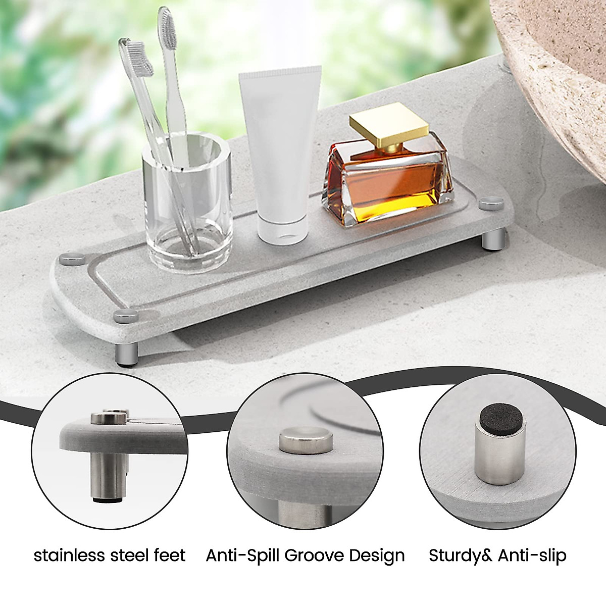 Sink Caddy Instant Dry Kitchen Sink Organizer Sponge Holder for Kitchen Sink Diatomaceous Pedestal Stand Riser with Stainless Steel Feet Protection for Modern Home (Light Grey)