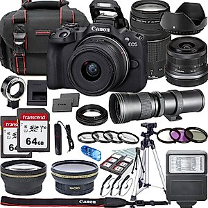 Canon EOS R50 Mirrorless Camera with 18-45mm, 75-300mm and 420-800mm f/8.3 HD Telephoto Zoom + Lens Filters + CASE + Accessory Bundle (Renewed)