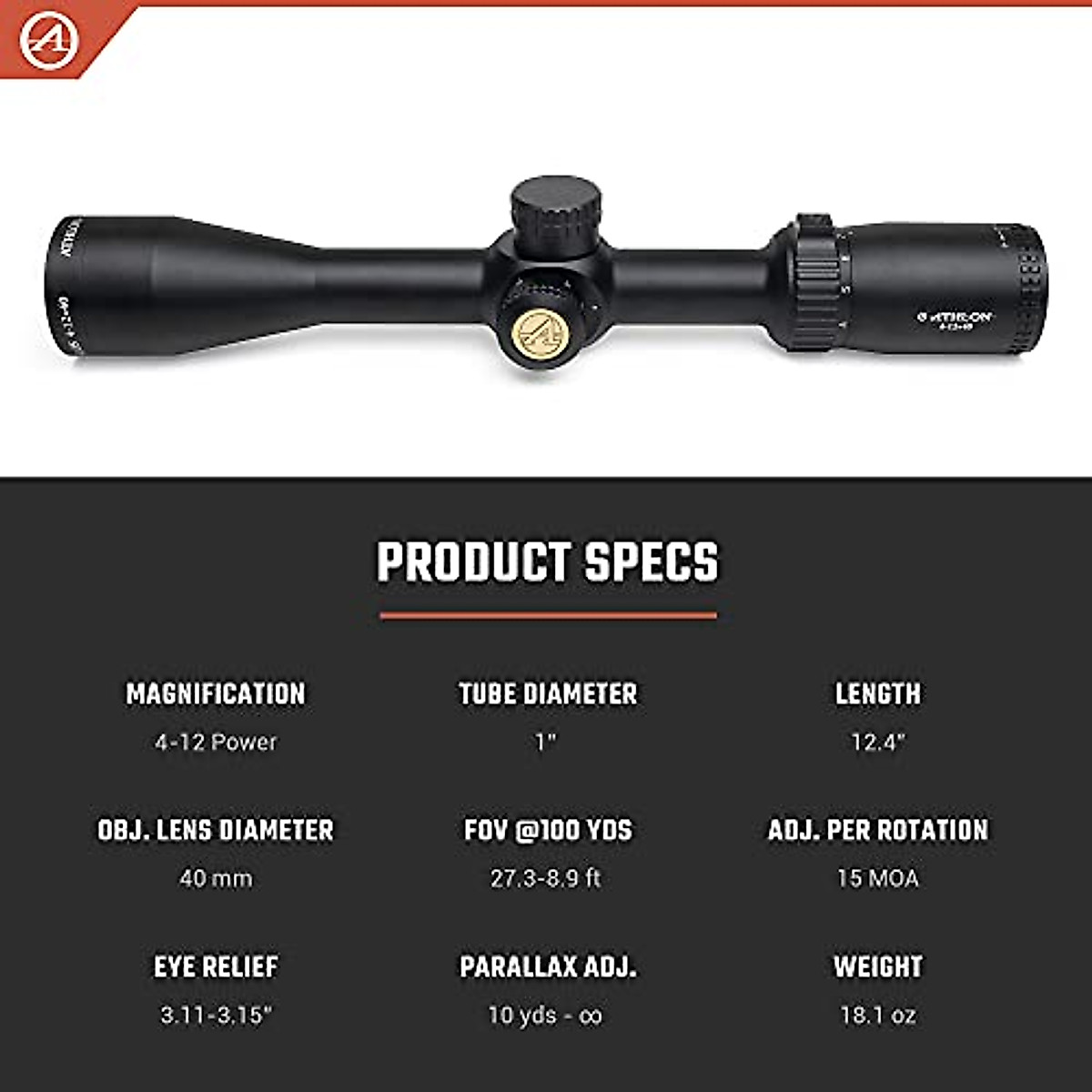Athlon Optics , Neos , Riflescope , 4-12 x 40 Second Focal Plane (SFP) 1" Tube, Center X Reticle , Black