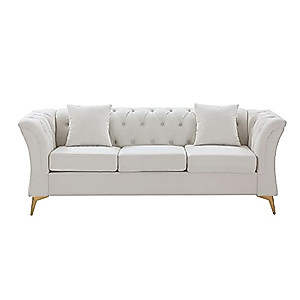 Homtique 3 Seater Sofa,Mid Century Modern Velvet Couch for Living Room,84 Inches Tufted Upholstered Chesterfield Sofa with Metal Legs Decor,Comfy Furniture Set for Bedroom Apartment (Beige)