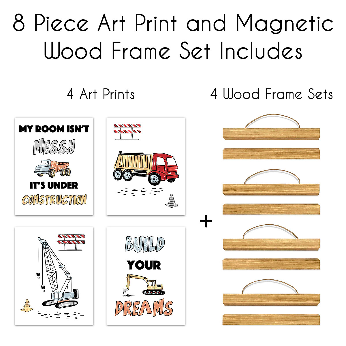 Framed Sweet Jojo Designs Construction Truck Wall Art Prints Room Decor for Baby, Nursery, and Kids - Set of 4 - Grey Yellow Orange Red and Blue Transportation with Wooden Hanging Magnetic Frames