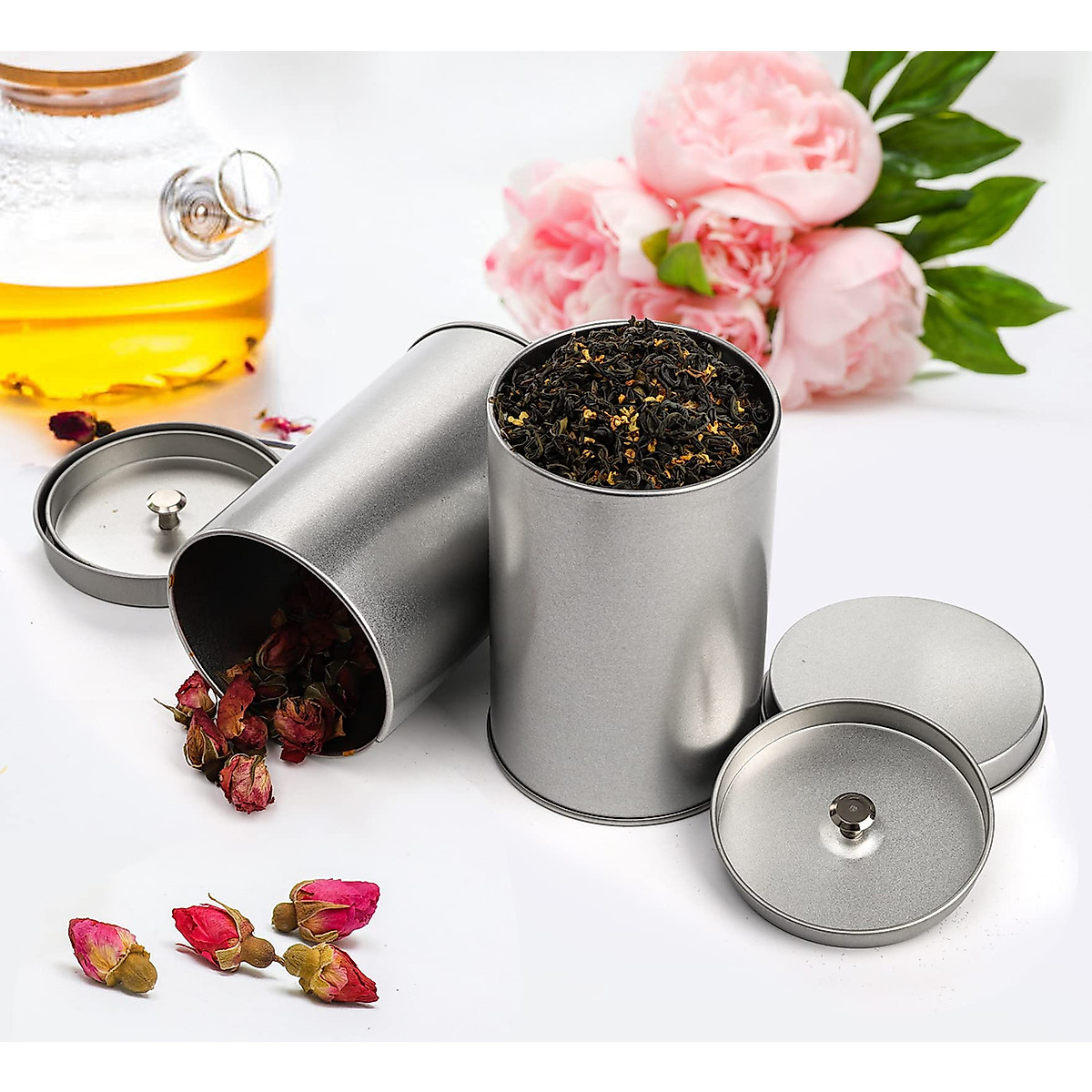 Yesland 6 Pack Tea Tin Canister with Airtight Double Lids, 12 Oz Tin Can Box and Small Round Kitchen Canisters for Loose Tea, Coffee, Candy, Herbs and Spices(Silver)