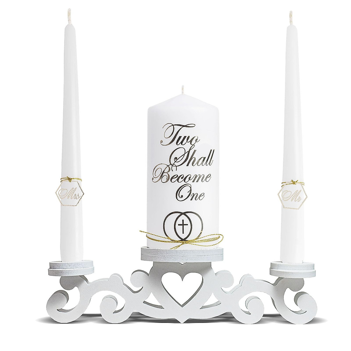 Wedding Unity Candle Set for Ceremonies - Unity Decorative Wedding Candle Centerpiece Sets Catholic White with Gold Decorations Unity Candle Set for Weddings 6" Pillar and 2 10" - Velas Matrimoniales