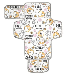 Cute Corgi Portable Baby Changing Pad Diaper Changing Table Pad Foldable Waterproof Travel Changing Station with Built-in Pillow for Baby Newborn Essentials