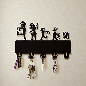 Zombies Attack Key Hook for Wall,Black Wooden Cat Key Holder with 5 Metal, Install by Strong Adhesive Sticker or Nail,Wall Décor for Entryway,Gift.(A1)