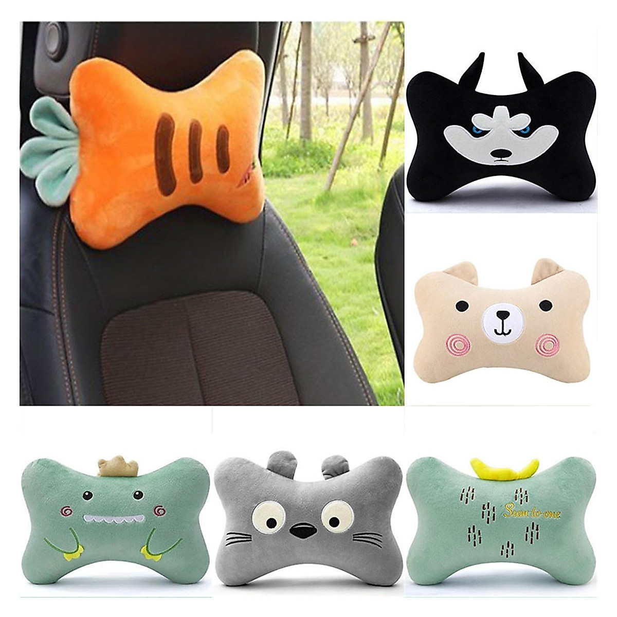 ZICANA Lumbar Pillows Cute Cartoon Car Headrest Back Cushion Soft Embroidered Plush Lumbar Support Back Pillow Car Seat Waist Protection Accessory Pad (Color : Orange-Neck)