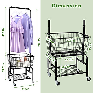 Mosxoed Laundry Cart with Wheels and Hanging Rack, Rolling Laundry Basket with Clothes Rack Laundry Butler with Wire Storage Rack Coat Rack for Laundry Bedroom Hallway, Black
