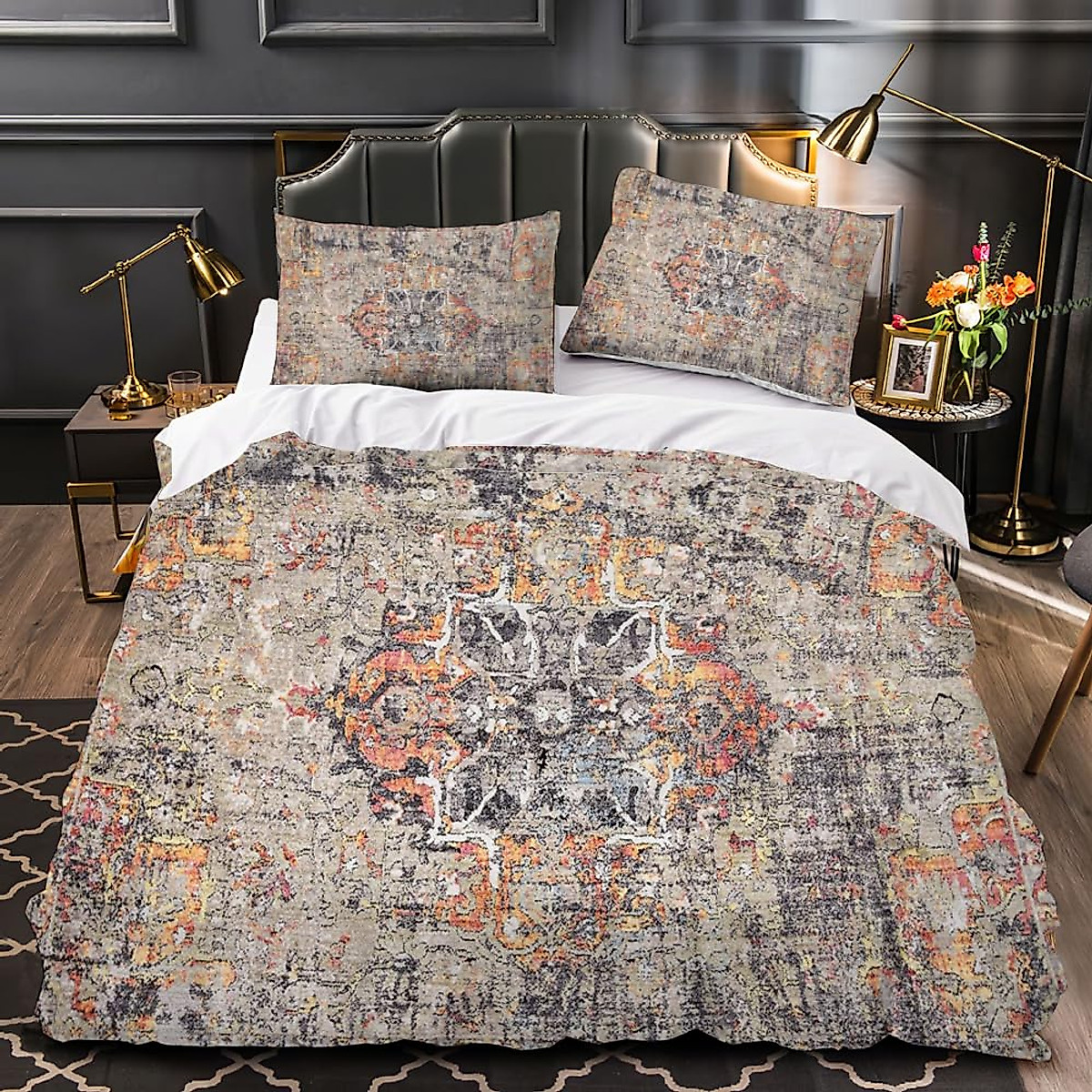 GABADU Vintage Nationality Distressed Duvet Cover, Traditional Pattern Print Bedding 3 Piece Set, Printing Comforter Cover and 2 Pillowcases, Soft Microfiber with Zipper and Ties (King/90"x104")