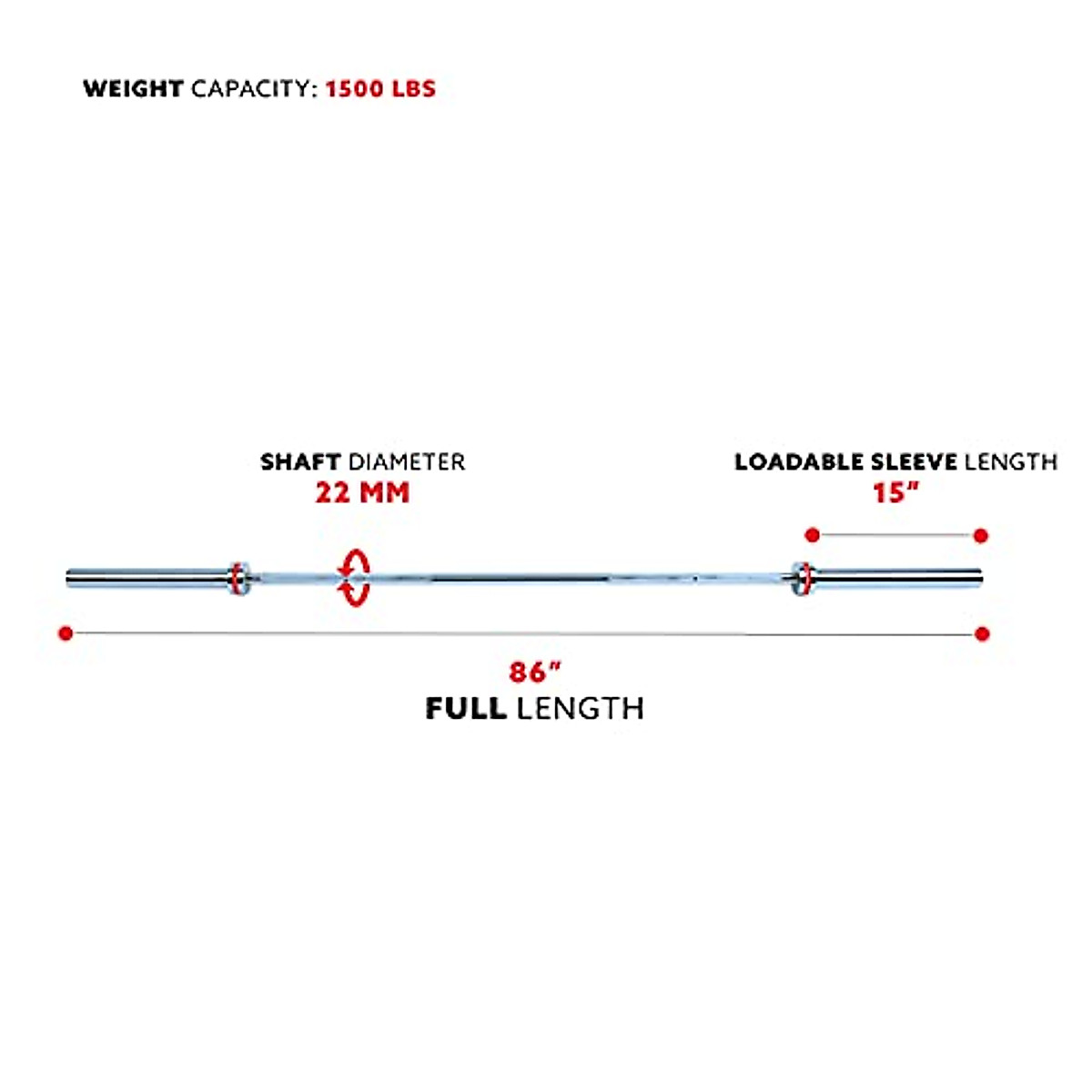 Sunny Health & Fitness 86" 1500 lbs Capacity Olympic Bar, Small with Shark Clamp Lock Collars for Olympic Barbells