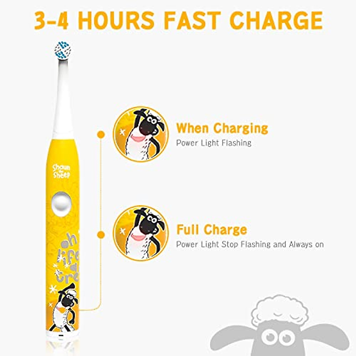 SAIPOTOYS Kids Electric Toothbrush with Timer,Shaun The Sheep Kids Electric Toothbrush w/Sensitive Brush Head,Built in 2-min Auto-Timer,IPX7 Waterproof, Automatic Toothbrush for Kids 3+ (Yellow)