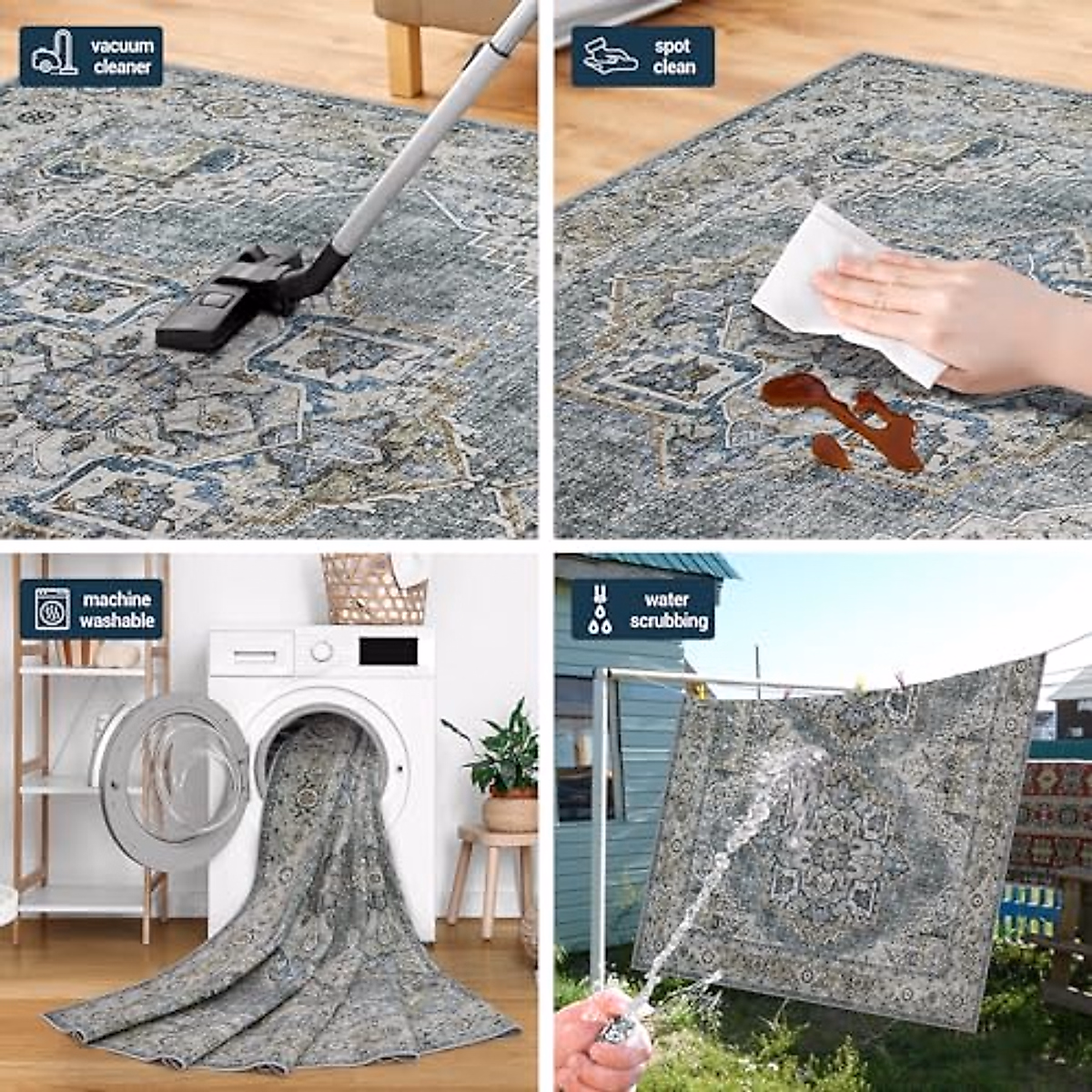 Area Rug Living Room Rugs, 8x10 Machine Washable Rug, Boho Large Rug with Non-Slip Rubber Backing, Non-Shedding Stain Resistant, Indoor Carpet for Bedroom Dining Room Nursery Home Office (Grey)