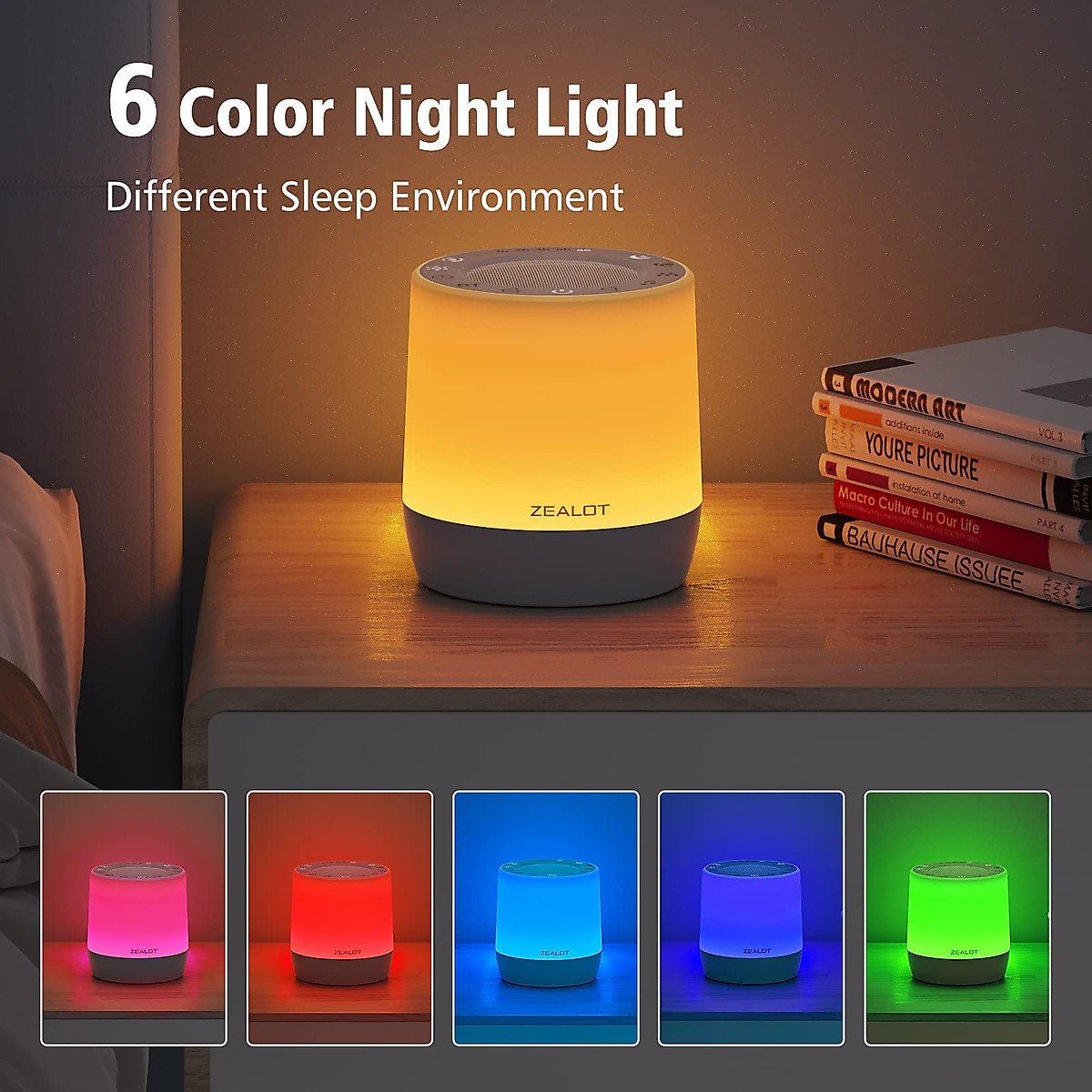 White Noise Machine, ZEALOT Sleep Sound Machine with 20 Soothing Sounds, 6 Colors Night Light, 4 Timers Adjustable for Babies Sleep, 3-in-1 Bluetooth Speaker for Adult, Kids, Babies