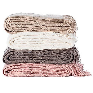 Decorative Diamond Pattern Knit Throw Blanket with Fringe, Khaki