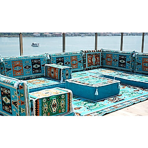 Light Blue Floor Seating Set, Corner Floor Sofa Set, Arabic Majlis, U Shaped Arabic Sofa Set, Sectional Sofas, Floor Cushions, Arabic Jalsa (U Sofa Full Set)