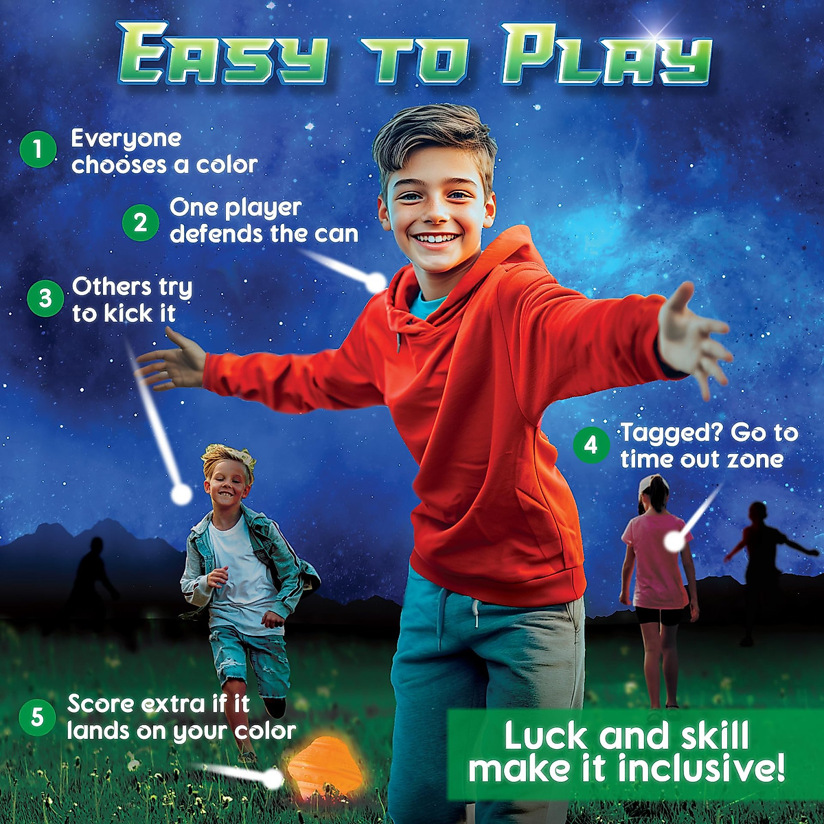 Cosmic Kick The Can: Glow in The Dark Outdoor Night Games for Kids | Ages 5+, 4-12 Players | Glow in The Dark Toys | Light Up Outdoor Toys for Kids 8-12 | Gifts for Boys 8-12+ | Sports & Outdoor Play