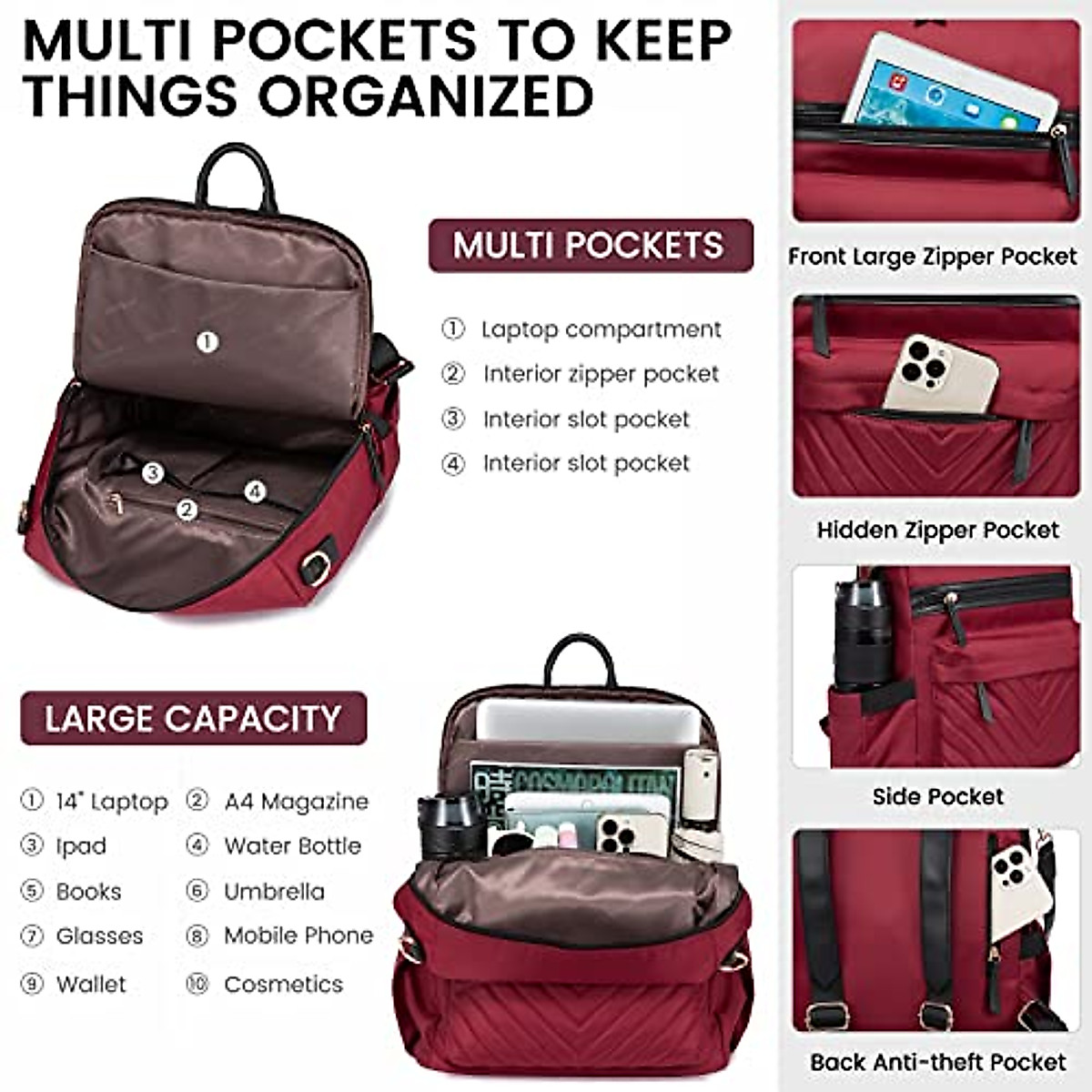 LOVEVOOK Backpack Purse For Women, Fashion Convertible Backpack Purse, Designer Ladies Large Shoulder Bag With Wristlet, Travel Bag Daypack For Work, College, Dating, Shopping, Wine Red