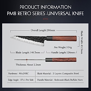 HEZHEN 5.8 inch Multi-purpose Knife,10Cr15CoMoV Steel Core,Triple-layer Composite Steel,Redwood Handle,Professional Kitchen Knife - Razor Sharp