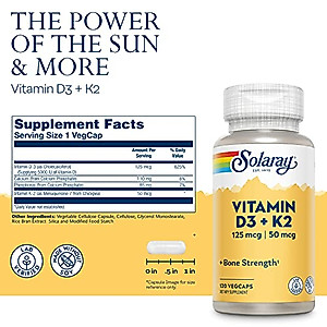 SOLARAY Vitamin D-3 + K-2, Calcium Absorption, Bone Strength, Cardiovascular & Immune Function Support (120 Count (Pack of 1))