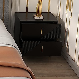 kudikt Black Nightstand with Drawer： Large Nightstand with 2 Drawers Wooden Nightstand for Bedroom Nightstands Black with Gold Adjustable Legs