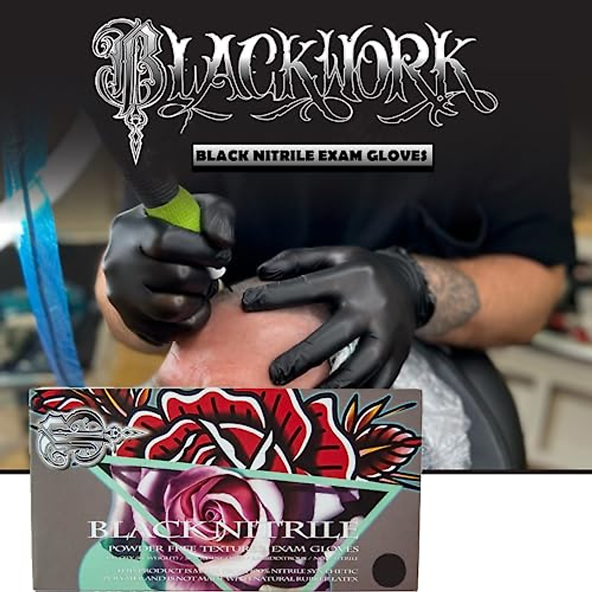 Blackwork Black Nitrile Exam Gloves - Extra Small, Pack of 100 - Latex- & Powder- Free, Disposable, Comfrtable & Durable for Extended Wear - Tattoo, PMU, Medical, & Dental Gloves