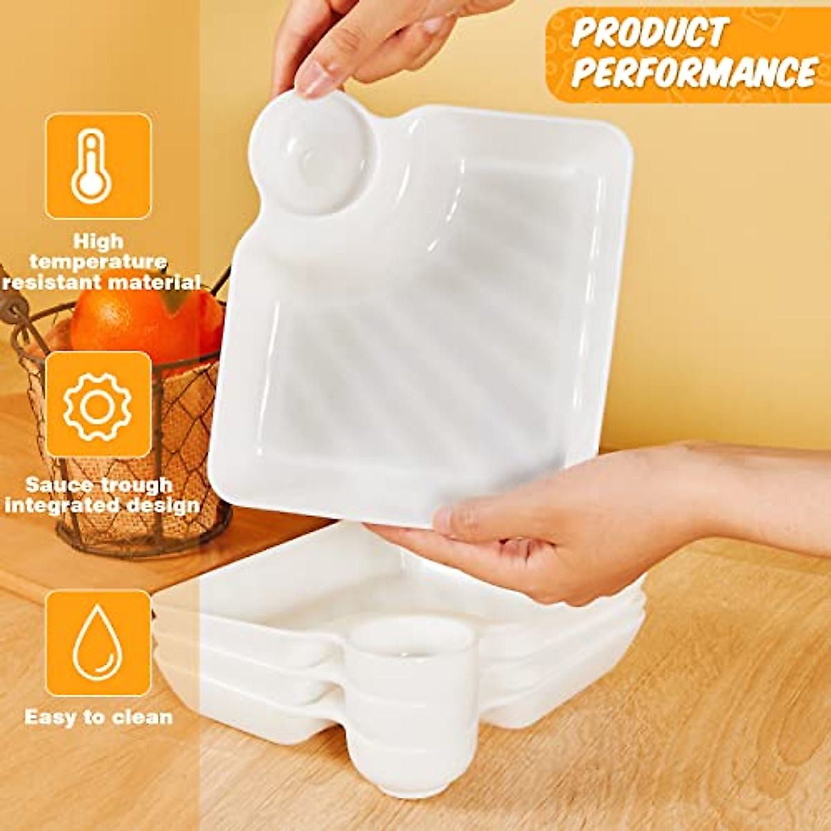 Mumufy 8 Pcs Chip and Dip Serving Set Serving Dishes Plastic Serving Platter Dumpling Plate with Sauce Compartment Japanese Plates Small Dip Tray for Sushi Taco Salsa Snack Food (White)