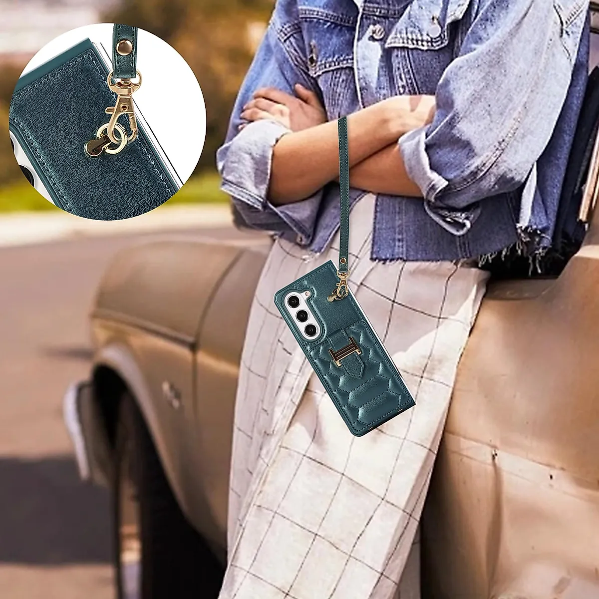 XIMAND for Samsung Galaxy Z Fold 5 Wallet Case with 2 Card Slots,Shockproof and Skin-Like Soft Leather,Stylish and Luxurious Perfect for Women.(DarkGreen)