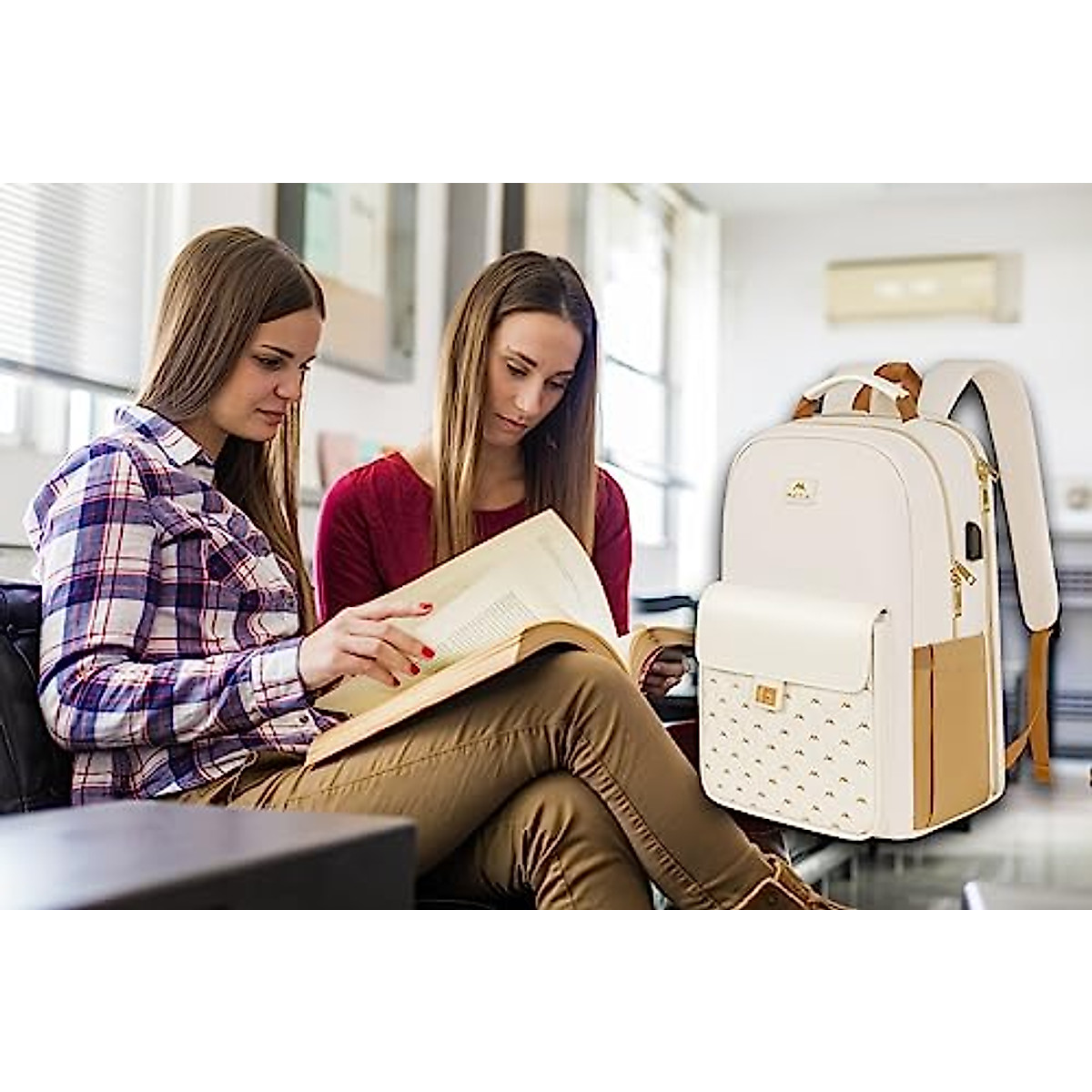 MATEIN Computer Backpack for Women, Large Anti Theft TSA 17 Inch Laptop Backpack with USB Charging Port, Durable Water Resistant Cute College Backpack Casual Daypack Purse for Work Travel, Beige