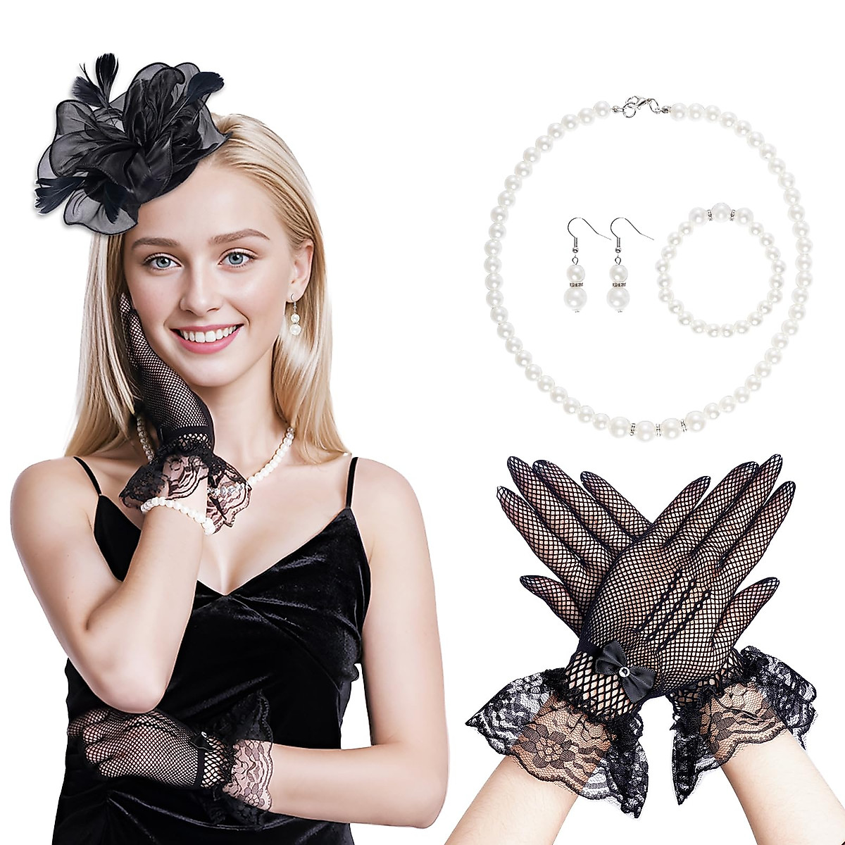 Pistha 5 Pcs 1920s Fascinators for Women Tea Party Fascinators Headband and Gloves for Women Tea Party Halloween Cocktail Wedding (Black)