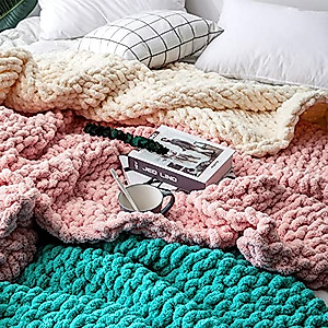 VBGYA Chunky Knit Blanket Throw, Chenille Throw 31"x31" Hand-Knitted Warm Cozy Blanket Thick Throw Blanket, Soft Boho Casual Throw Blanket Sofa Bed Rug Home Decor Gift - Light Pink