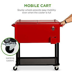 Best Choice Products 80qt Outdoor Steel Rolling Cooler Cart for Cookouts, Tailgating, BBQ w/Bottle Opener, Catch Tray, Drain Plug, and Locking Wheels - Red