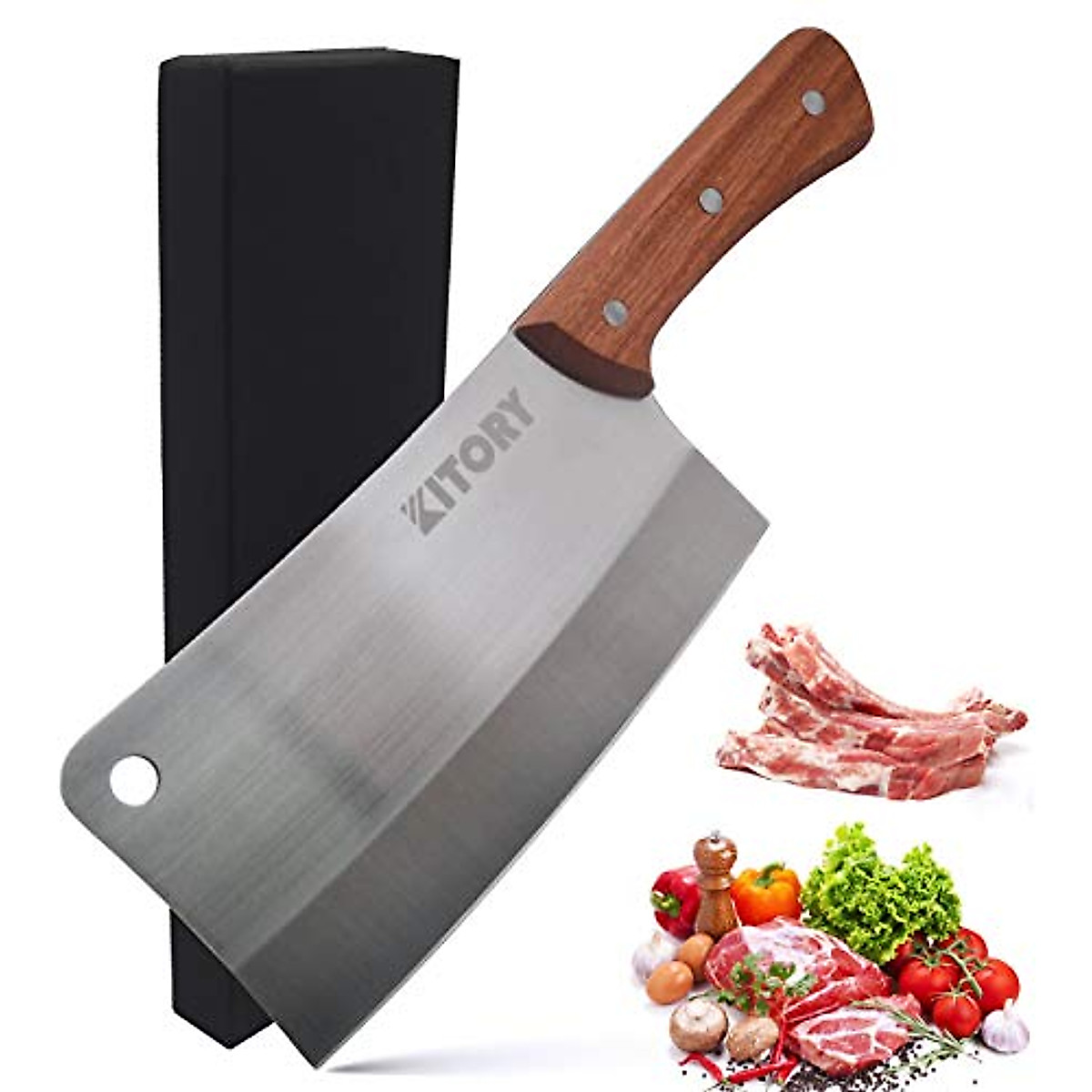 Kitory Meat Cleaver 7'' Heavy Duty Chopper Butcher Knife Bone Cutter Chinese Kitchen Chef’s Chopping Knife for Meat, Bone- Full Tang 7CR17MOV High Carbon Stainless Steel - Pear Wood Handle