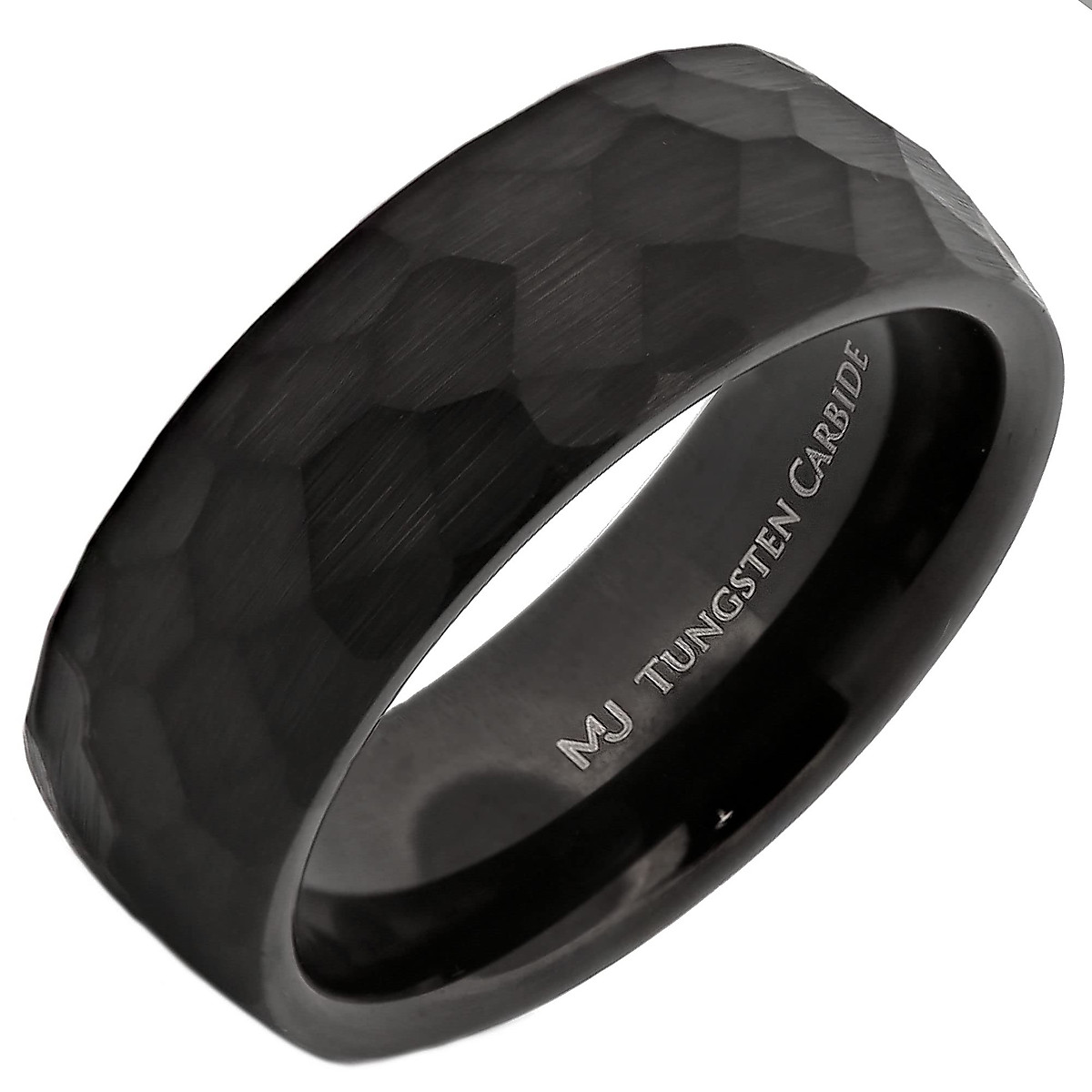 Tungsten Carbide 8mm Hammered Black Obsidian Style Wedding Band, COMFORT FIT Ring Size 11.5
