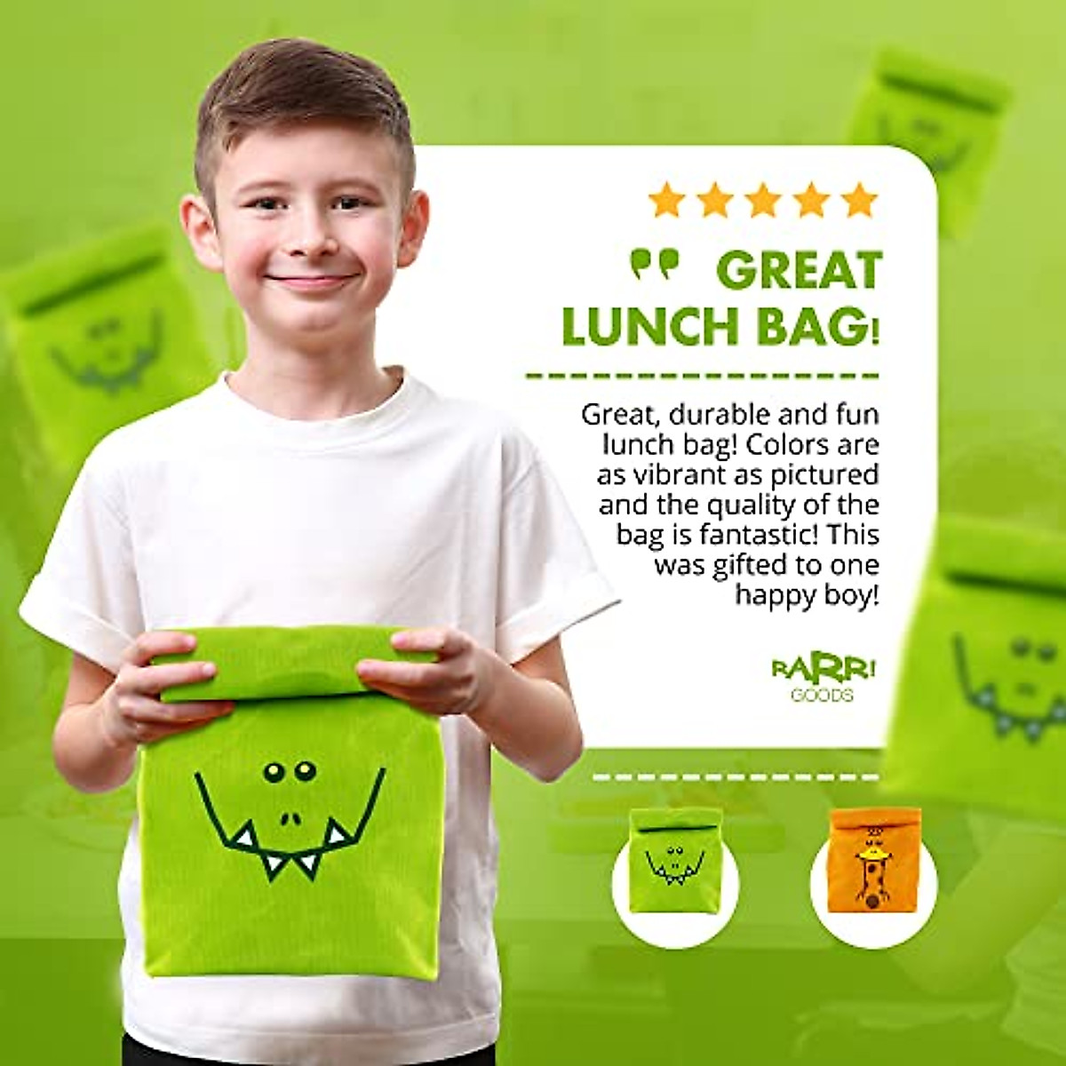 Rarr! Goods - T-Rex Bite Waxed Canvas Lunch Bag, Cute Reusable Lunch Bag for Kids, Long-Lasting Waterproof Lunch Bag, Large-Sized Waxed Lunch Bag, 9 x 14 x 6.3 inches, Green - Kids 3 and up