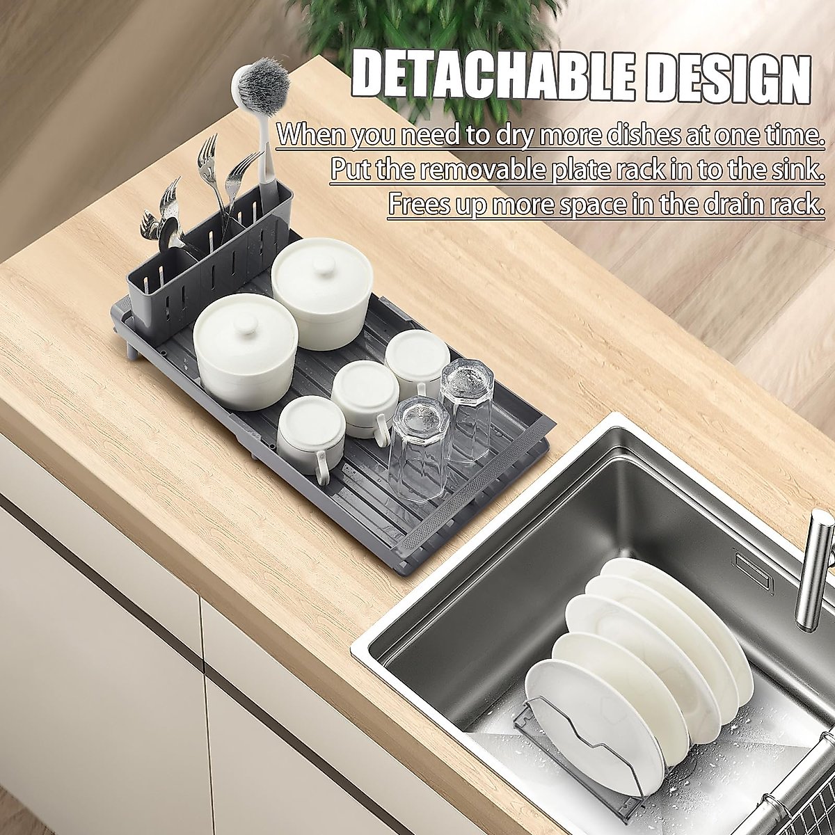 CLNGAI Expandable Dish Drying Rack, Compact Dish Drainer with Removable Utensil Holder,Space Saving Rust-Proof Small Adjustable Plate Rack for in Sink or Kitchen Counter (Gray)