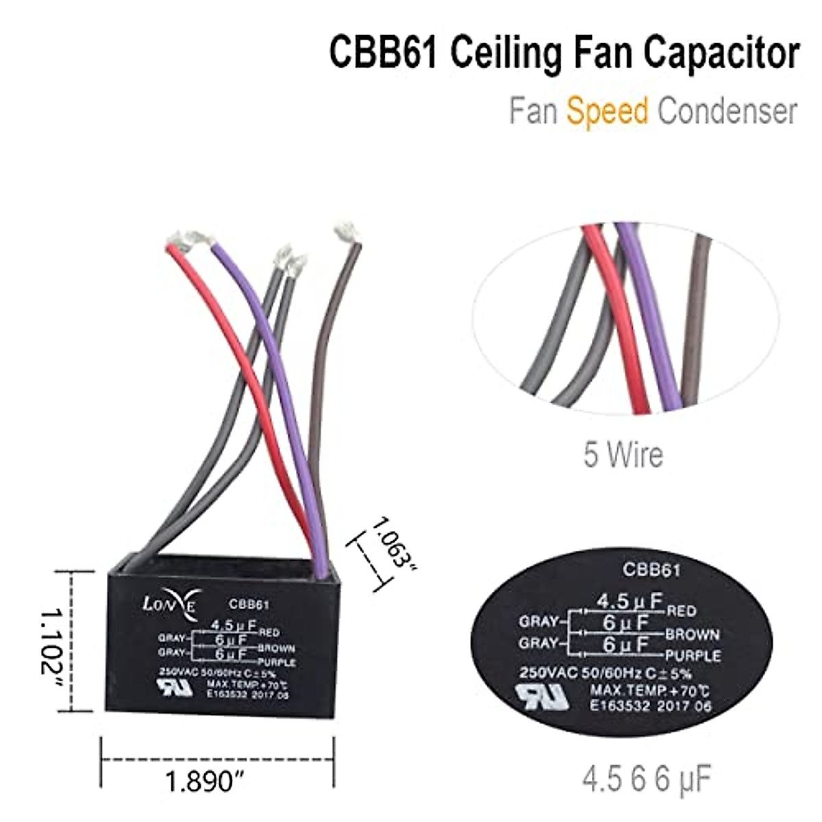 LONYE 5 Wire Ceiling Fan Capacitor Replacement for New TECH CBB61 250VAC 50/60 Hz 4.5 + 6 + 6μF