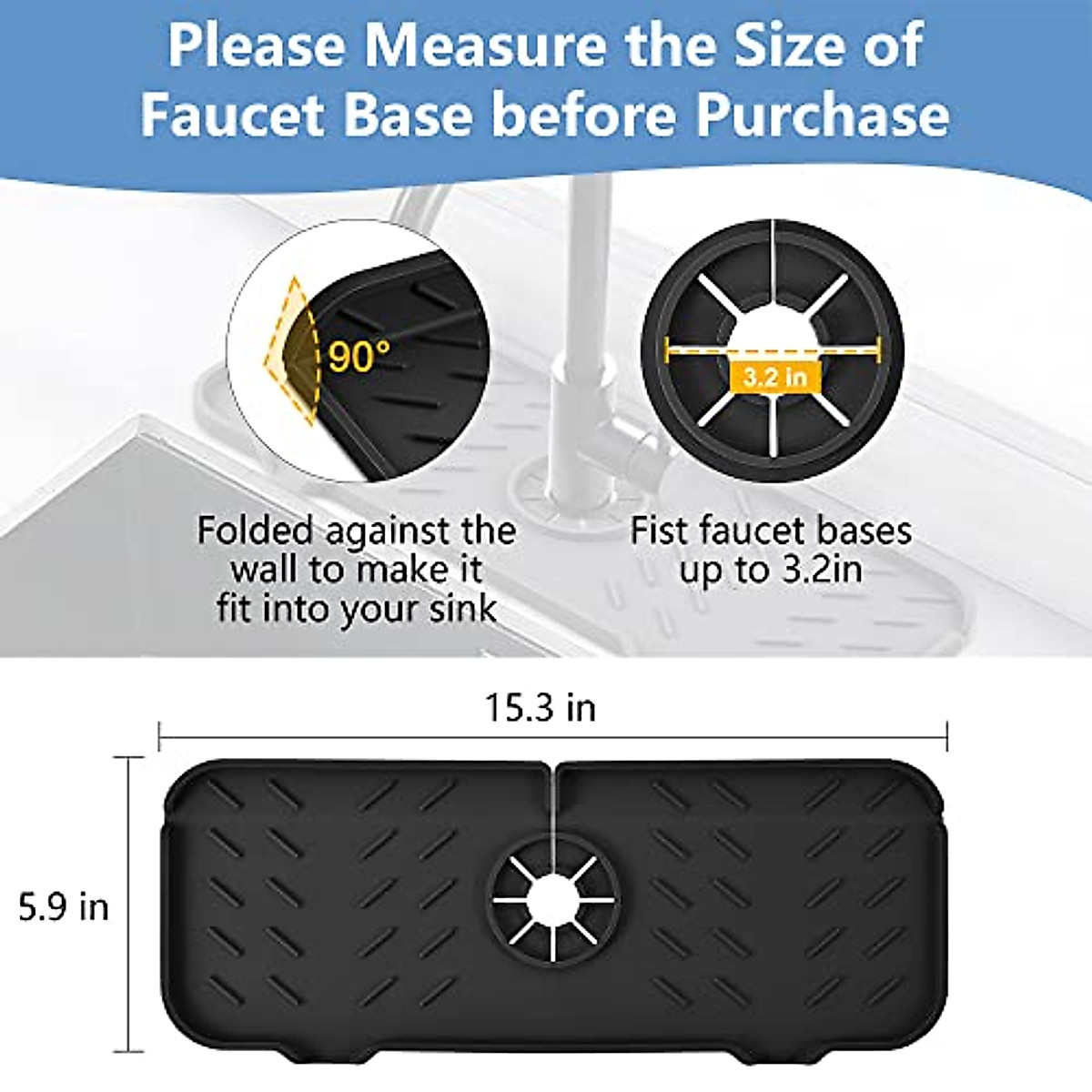 Silicone Faucet Mat for Kitchen, Sink Splash Guard, Sink Draining Pad Behind Faucet, Kitchen Sink Accessories, Faucet Absorbent Mat, Bathroom Faucet Water Catcher Mat (Black (15.4" x 5.9"))