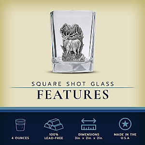 Heritage Pewter Elk Square Shot Glass | Hand-Sculpted 1.5 Ounce Shot Glass | Intricately Crafted Metal Pewter Elk Inlay