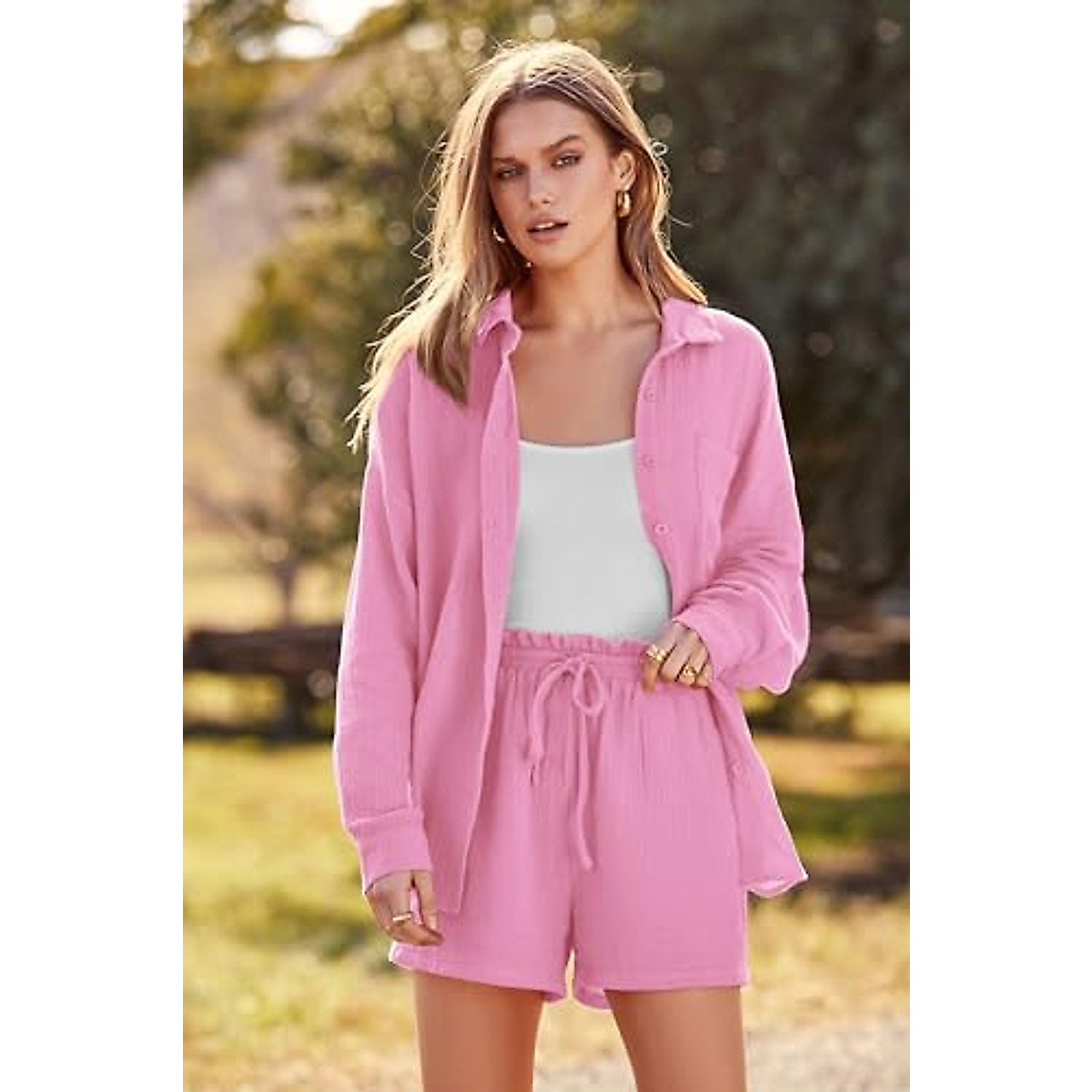 PRETTYGARDEN Women's 2 Piece Tracksuit Outfit Long Sleeve Blouse High Waisted Drawstring Shorts Loungewear Set (Pink,Medium)