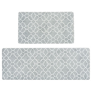 FRESHMINT Kitchen Mat Set of 2, Anti-Fatigue Cushioned Kitchen Mats for Floor, Waterproof Non Slip Comfort Standing Mat, Boho Kitchen Rug for Kitchen Decor, Sink, Office, 17"x30"+17"x47", Stone Gray
