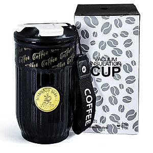 14oz Insulated Travel Tumblers with Lid, Travel Coffee Mug Stainless Steel Vacuum Thermos Cup, Leak Proof Reusable Cute Coffee Tumbler for Iced and Hot Drinks,Black