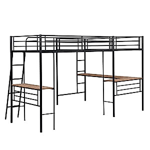 L-Shape Loft Beds with Two Desk Metal Double Twin Loft Beds Frame Heavy-Duty Black Corner Twin Size Lofts Bed for 2 Kids Girls Boys Teens